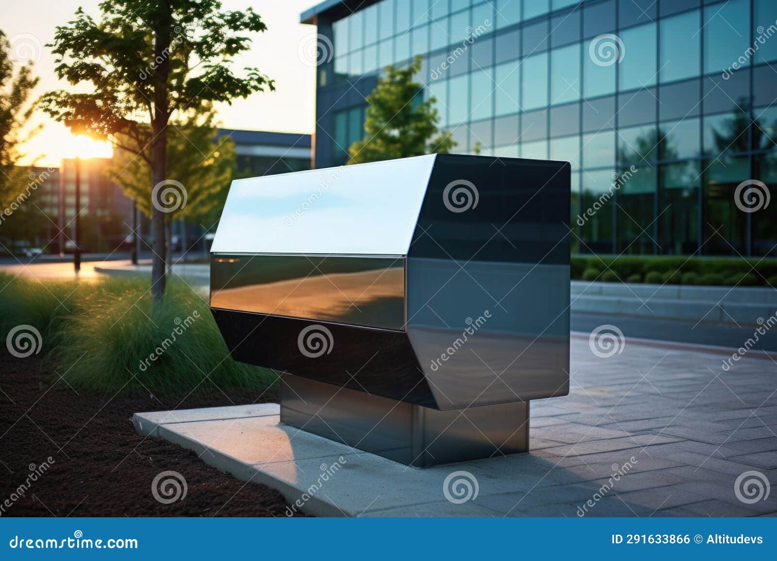 A Sleek Metal Mailbox in Front of a Modern Glass Office Building Stock ...