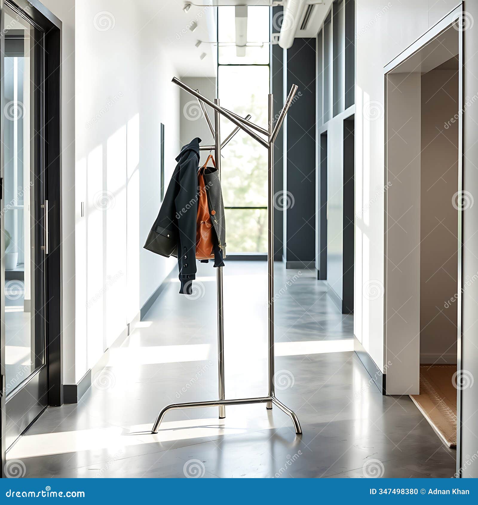 A Sleek Metallic Coat Rack with Angular Design in a Contemporary Office ...