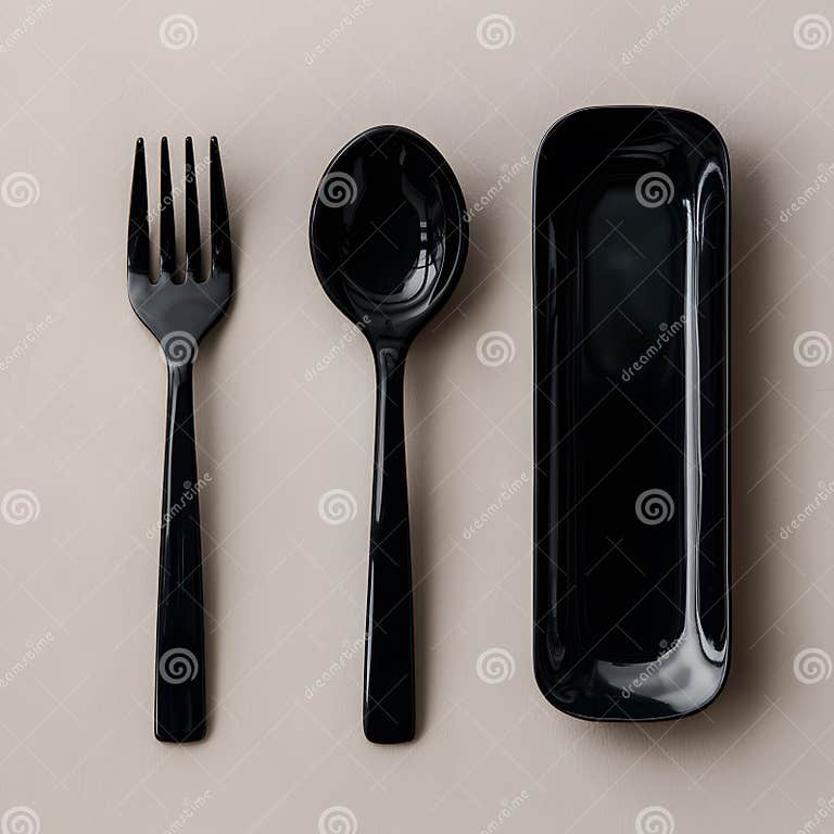 Sleek, Minimalist Trio Black Fork, Spoon, Rectangular Tray on Neutral ...