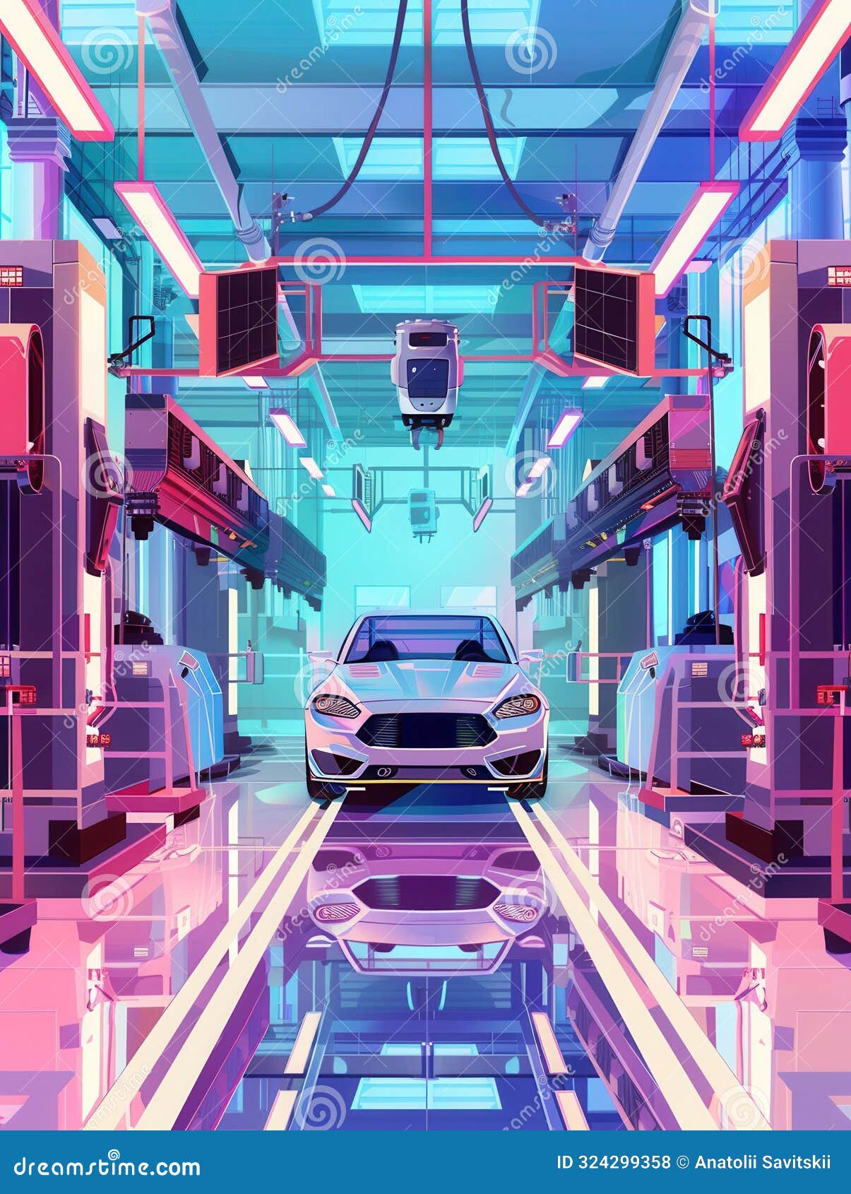 A Sleek and Modern Automotive Painting Shop Featuring Robotic Systems ...