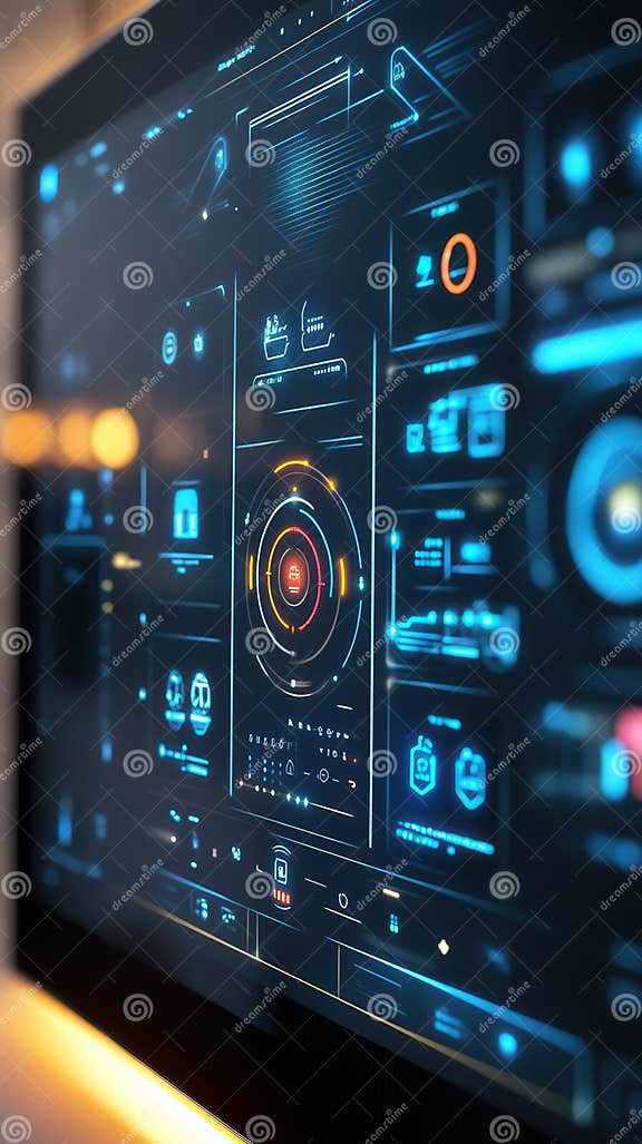 Futuristic Digital Interface with Glowing Icons Stock Illustration ...