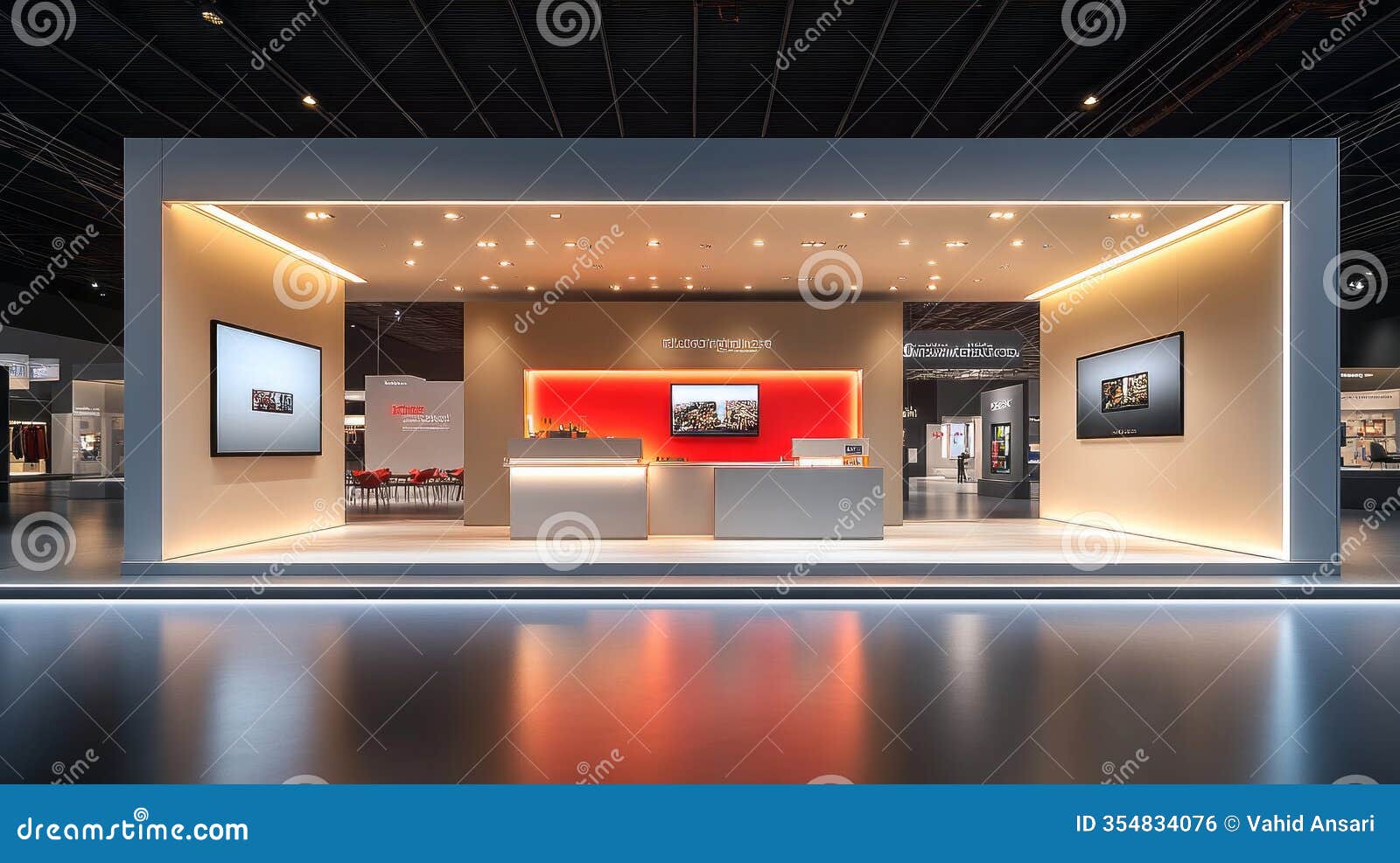 Sleek Modern Exhibition Booth with Three Vertical Panels, Vibrant ...