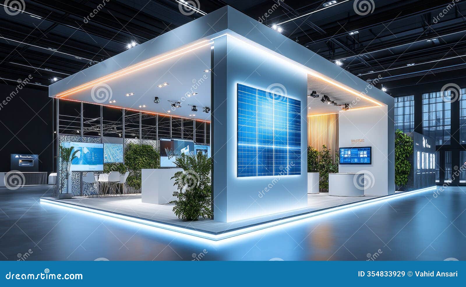 Sleek Modern Exhibition Booth with Three Vertical Panels, Vibrant ...