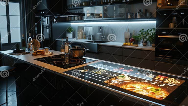 Modern Kitchen with Interactive Cooking Interface Stock Image - Image ...