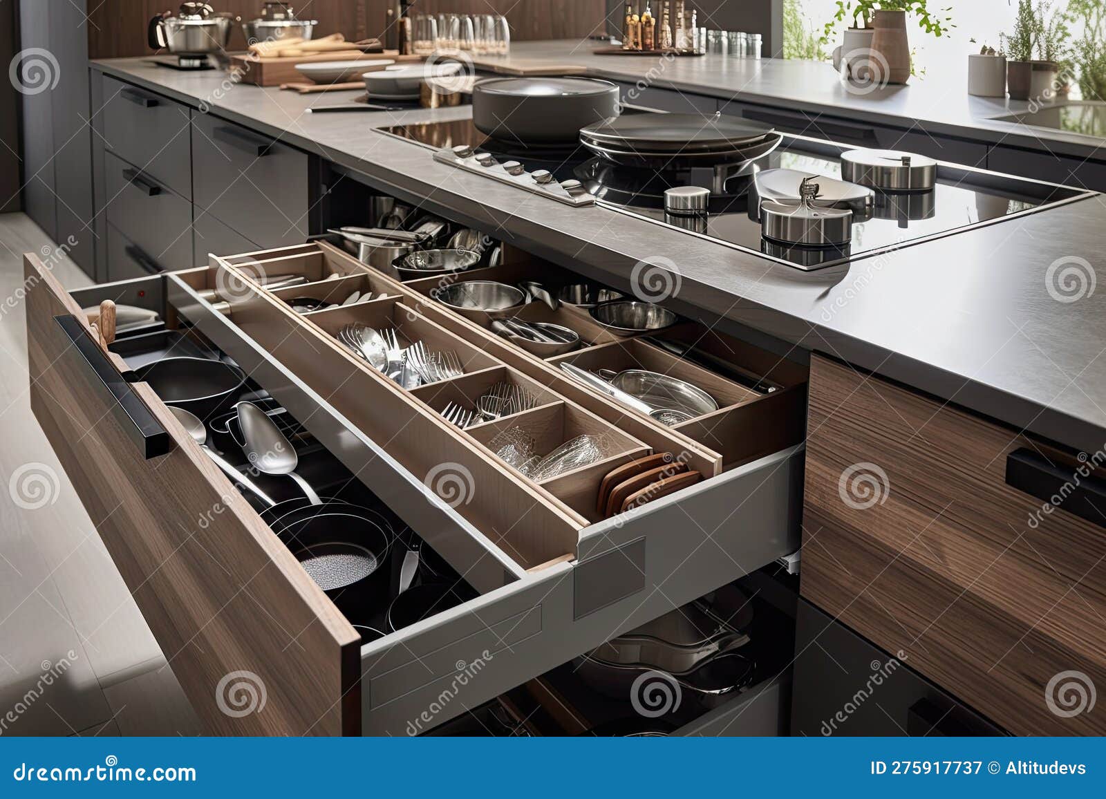 A Sleek and Modern Kitchen with Hidden Storage Solutions for Pots, Pans ...