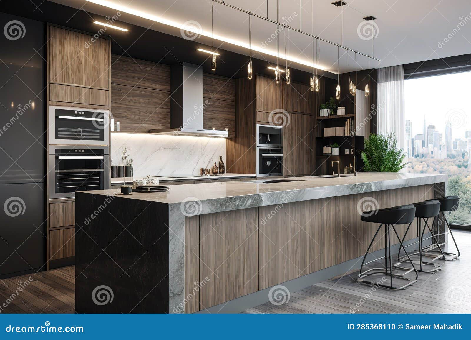 A Sleek, Modern Kitchen with Stainless Steel Counters and a Glass ...