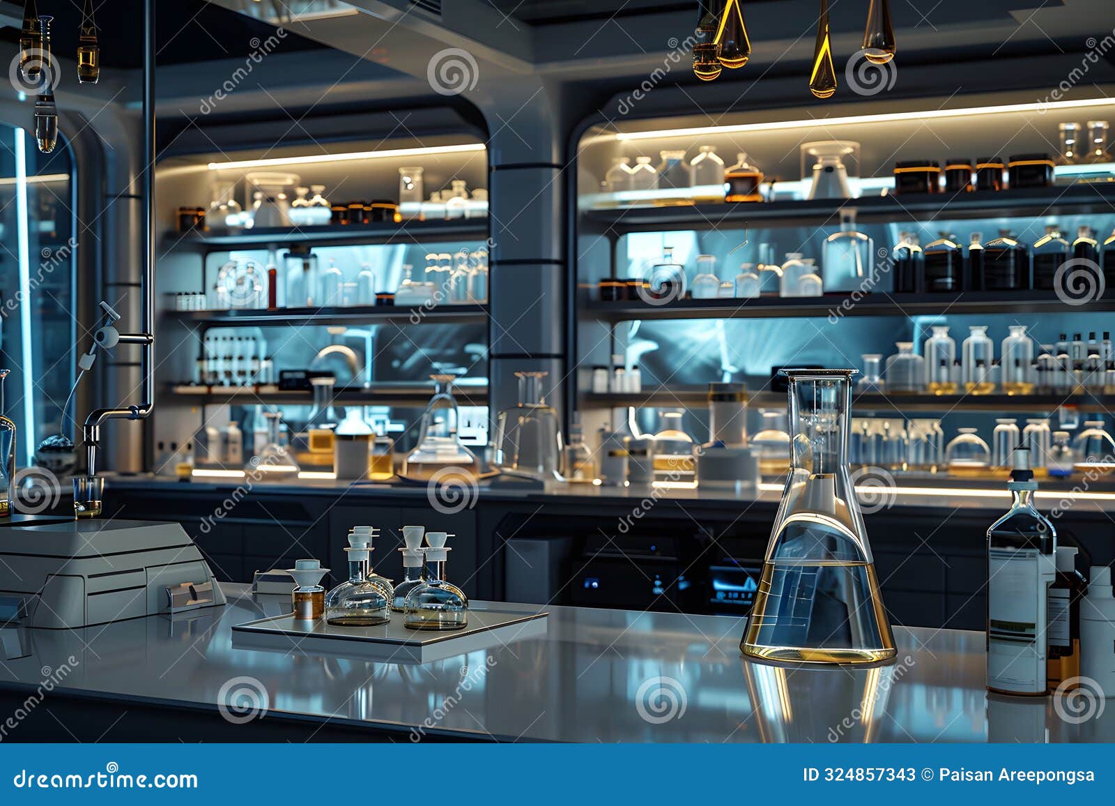 A Sleek and Modern Laboratory Workstation, with Beakers, Flasks Stock ...