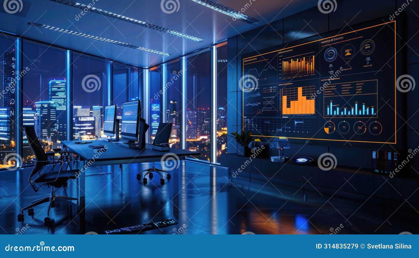 Sleek, Modern Office Space with Giant AI Data Analytics Dashboard on ...