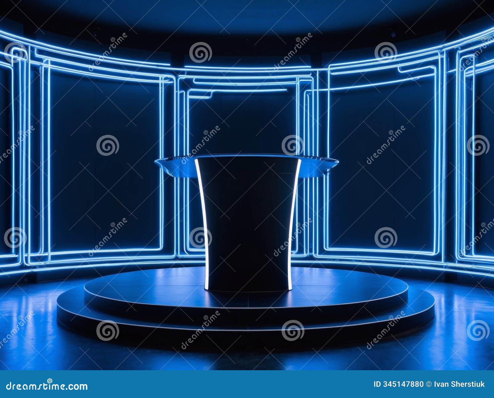 Sleek Modern Podium Stage Platform Curved Structure Outlined by Blue ...