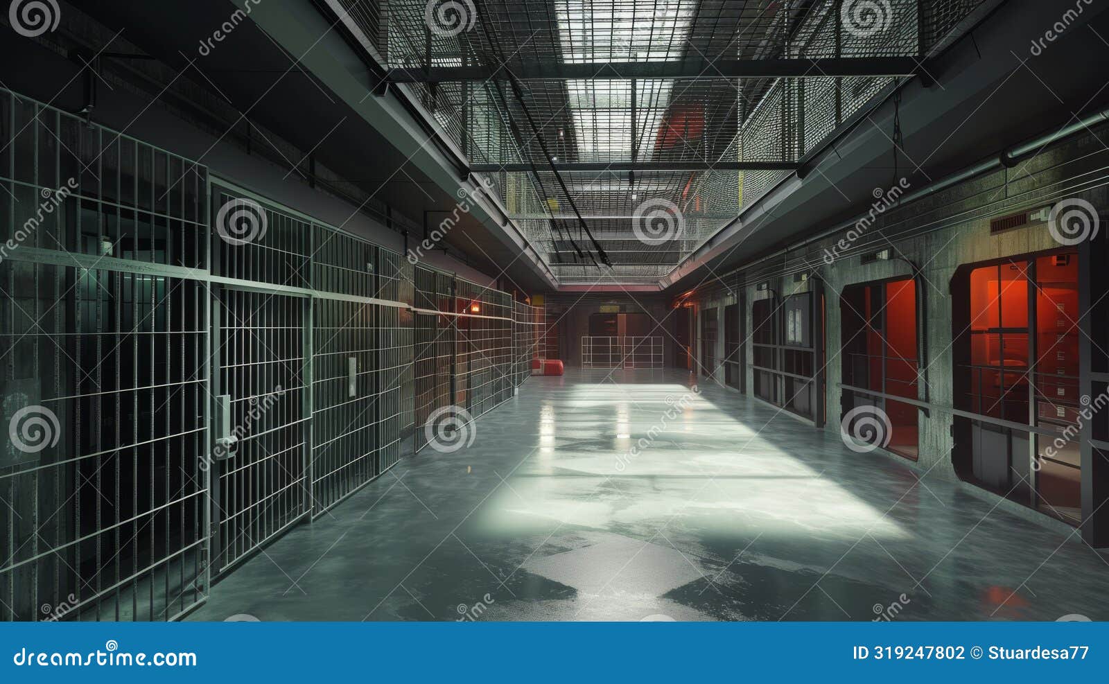 Modern Prison Hallway with Red Emergency Lights Stock Photo - Image of ...