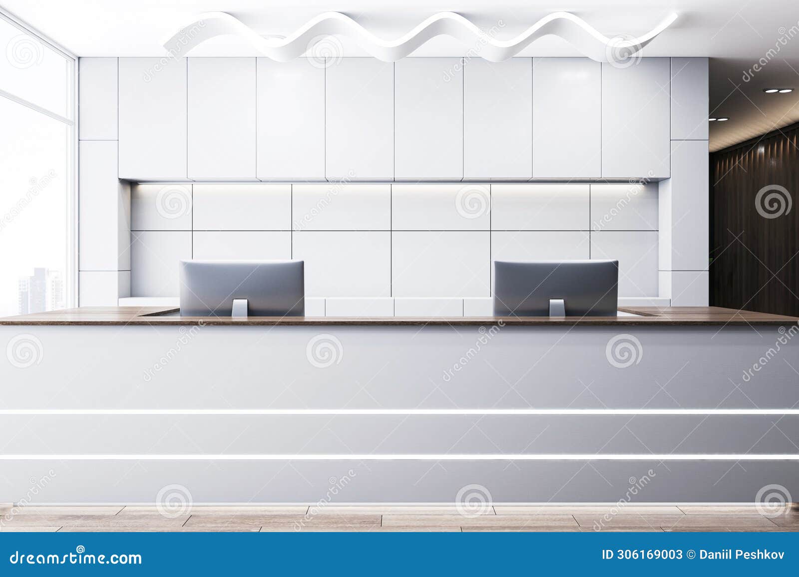 Sleek Office Reception Area with Wave Patterned Ceiling and Wooden ...