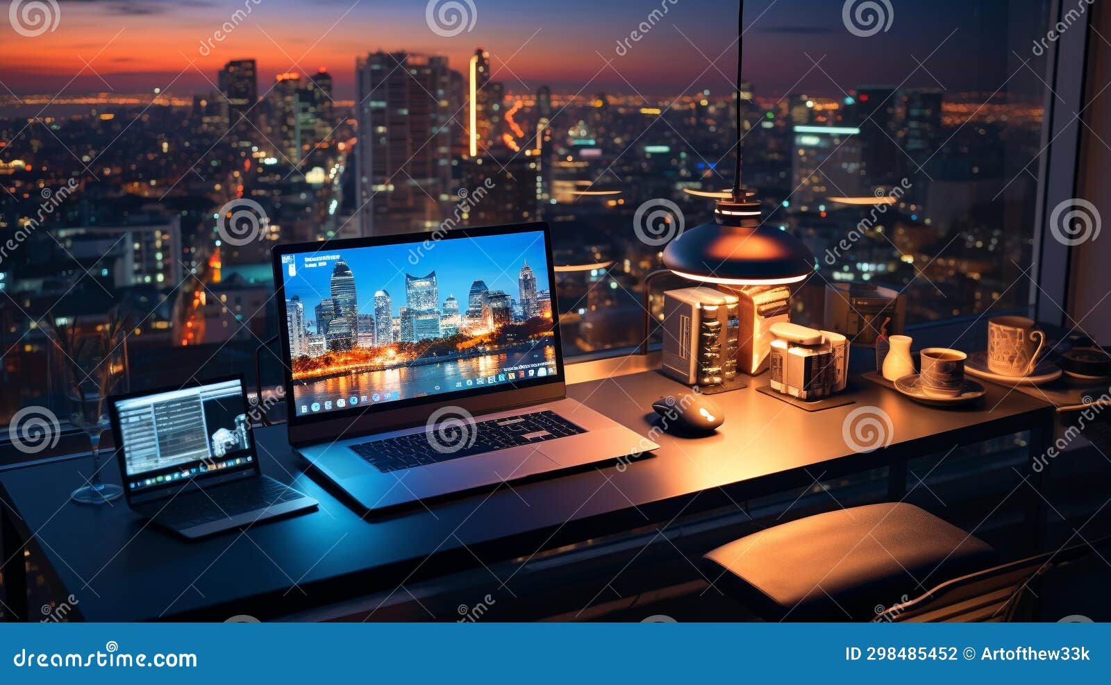 Sleek Office Setup at Dusk - Organized Desk in Modern Office Stock ...