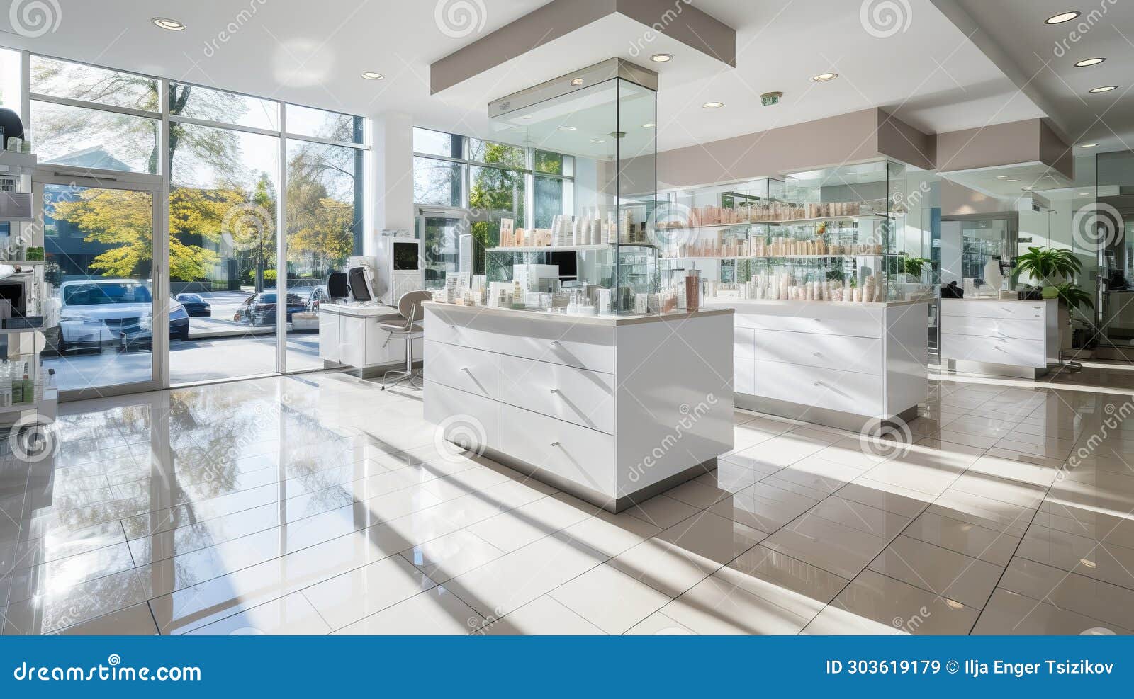 Sleek and Organized Modern Pharmacy Interior with Blue and White Tones ...