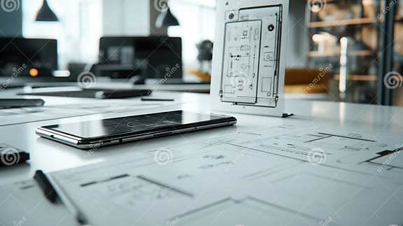 Sleek Prototype of a Gadget Displaying Technical Schematics in a Modern ...