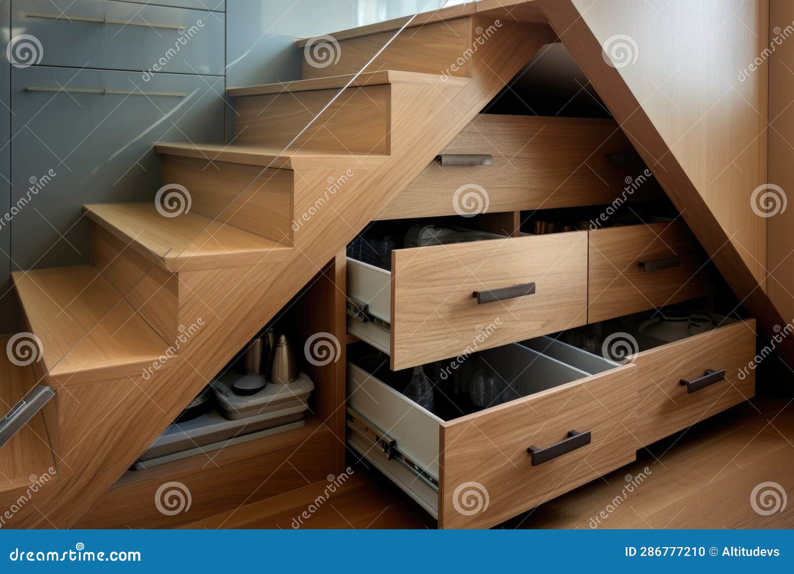 Sleek Pull-out Drawers Under Staircase Stock Photo - Image of staircase ...