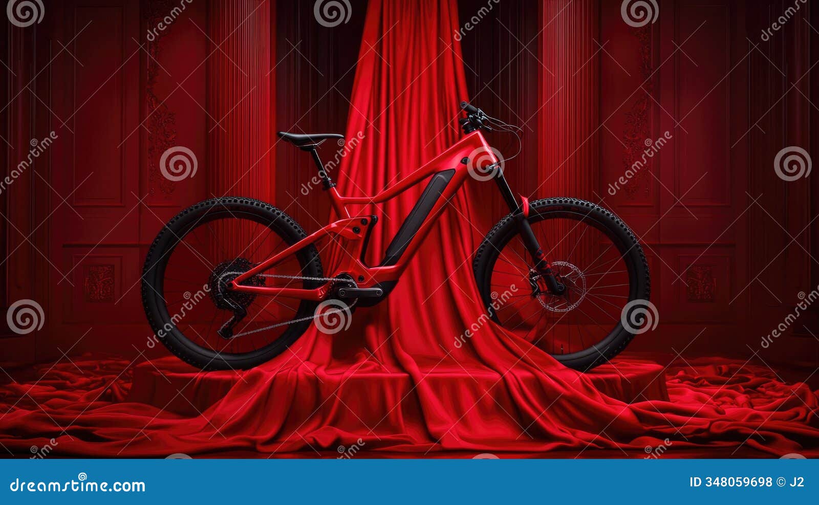 Sleek Red Mountain Bike Displayed on Elegant Draped Fabric in Luxurious ...