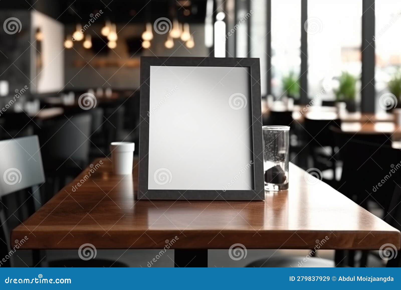 Sleek Restaurant Caf?? Table with Mock-up Blank Menu Frame Stock Image ...