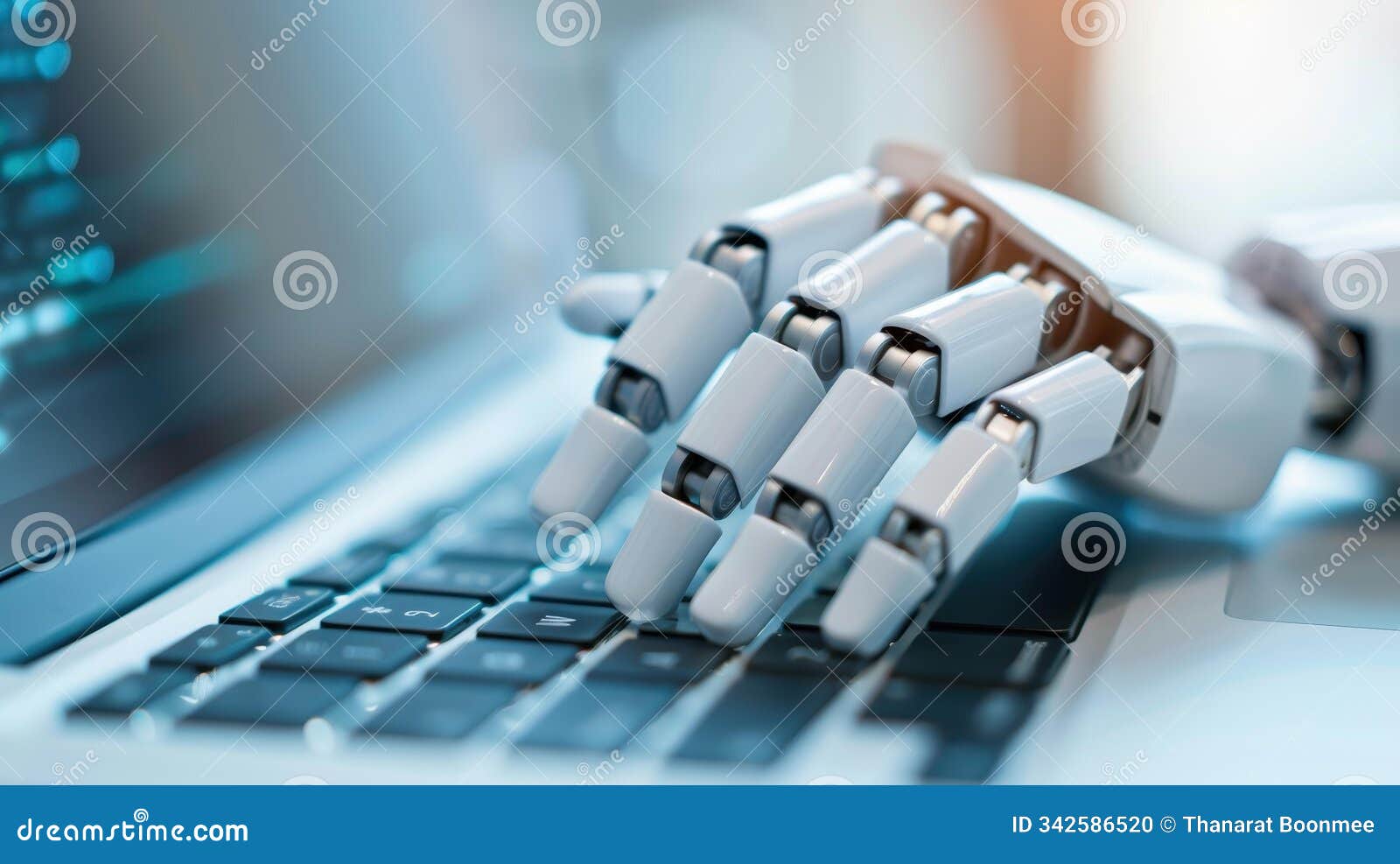 A Sleek Robot Hand Types Effortlessly on a Laptop, Showcasing the ...