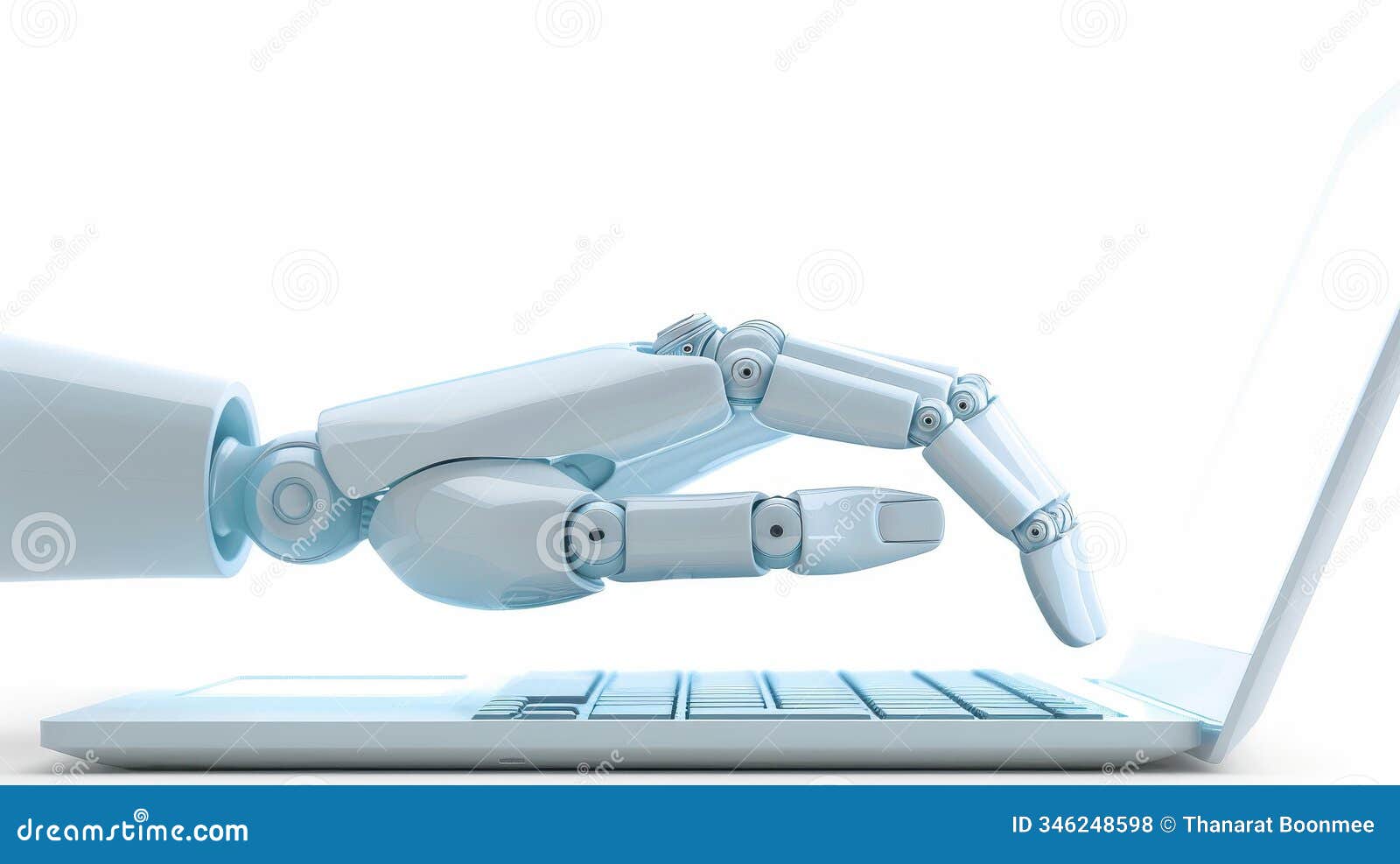 A Sleek Robot Hand Types Effortlessly on a Laptop, Showcasing the ...