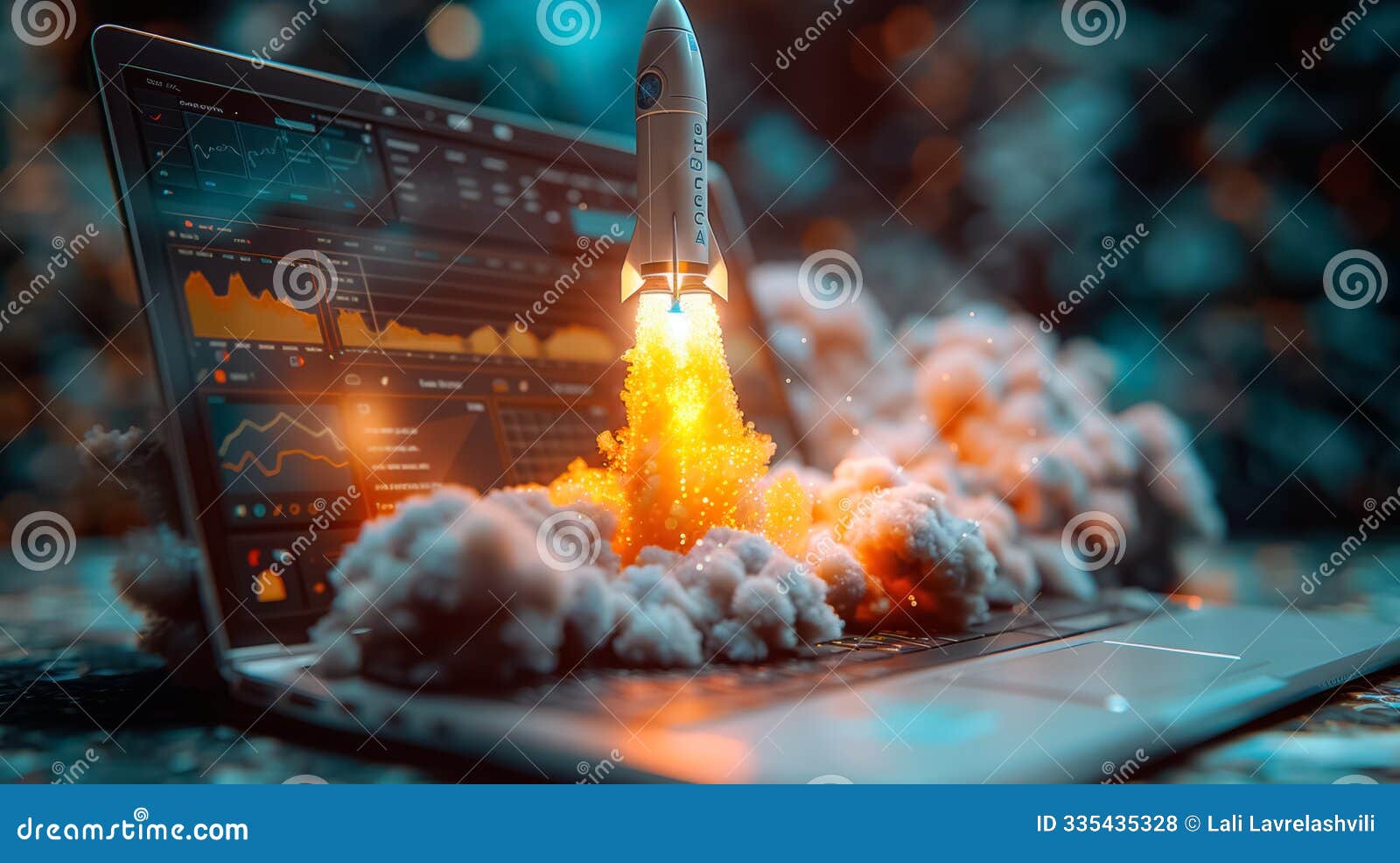 Sleek Rocket Blasting Off from an Open Laptop Screen, Symbolizing a ...