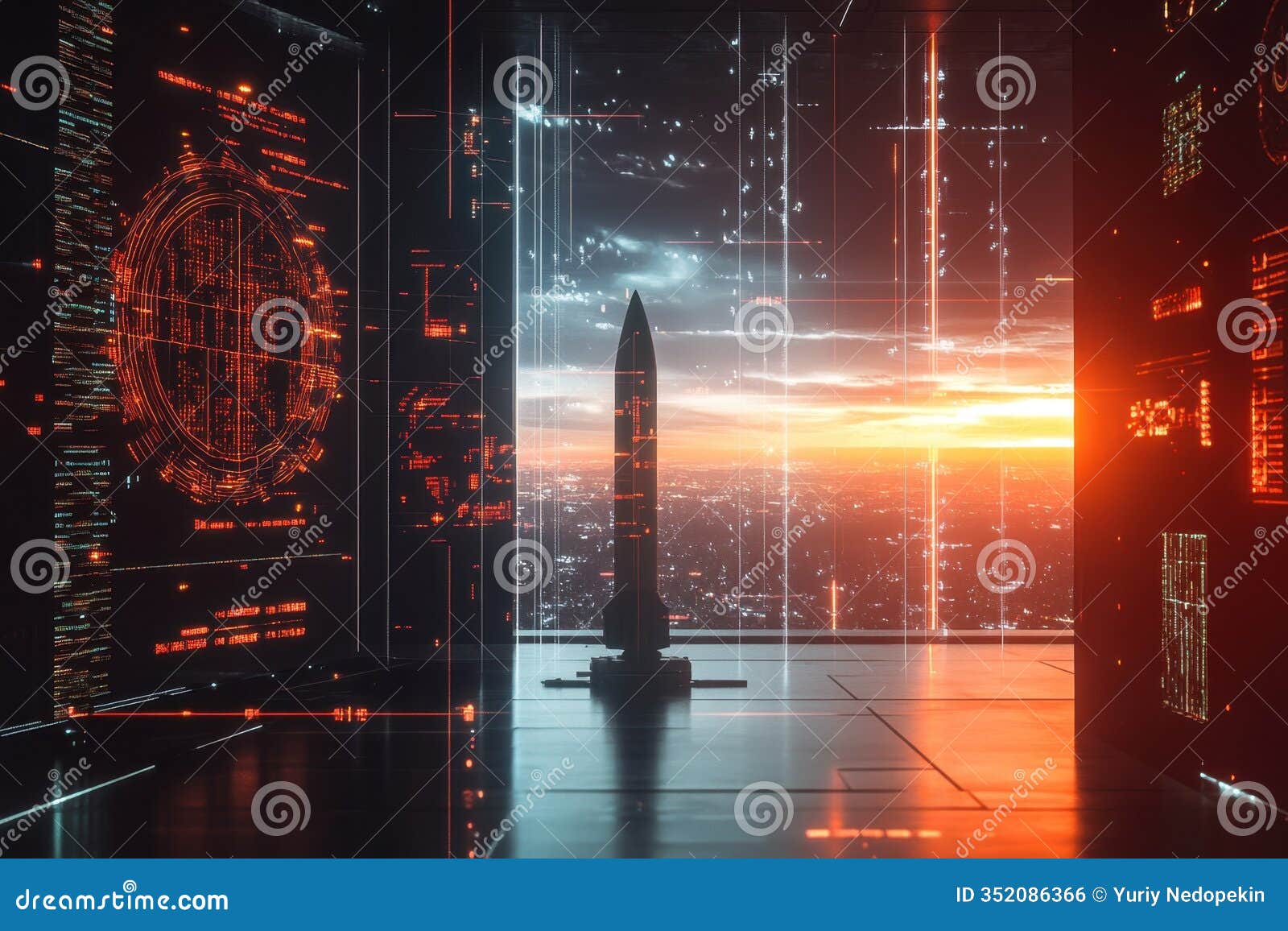 Modern Rocket Launch Preparation at Sunset in a Futuristic Control Room ...