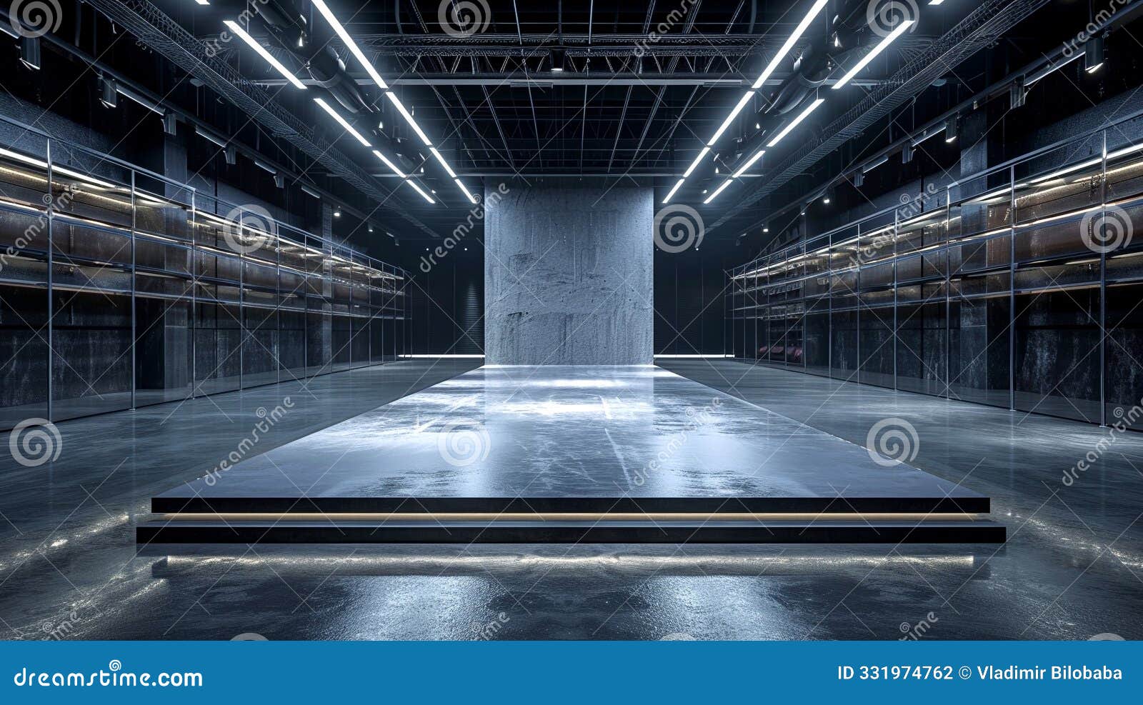 Modern Runway Design in an Empty Exhibition Space at Night Stock ...