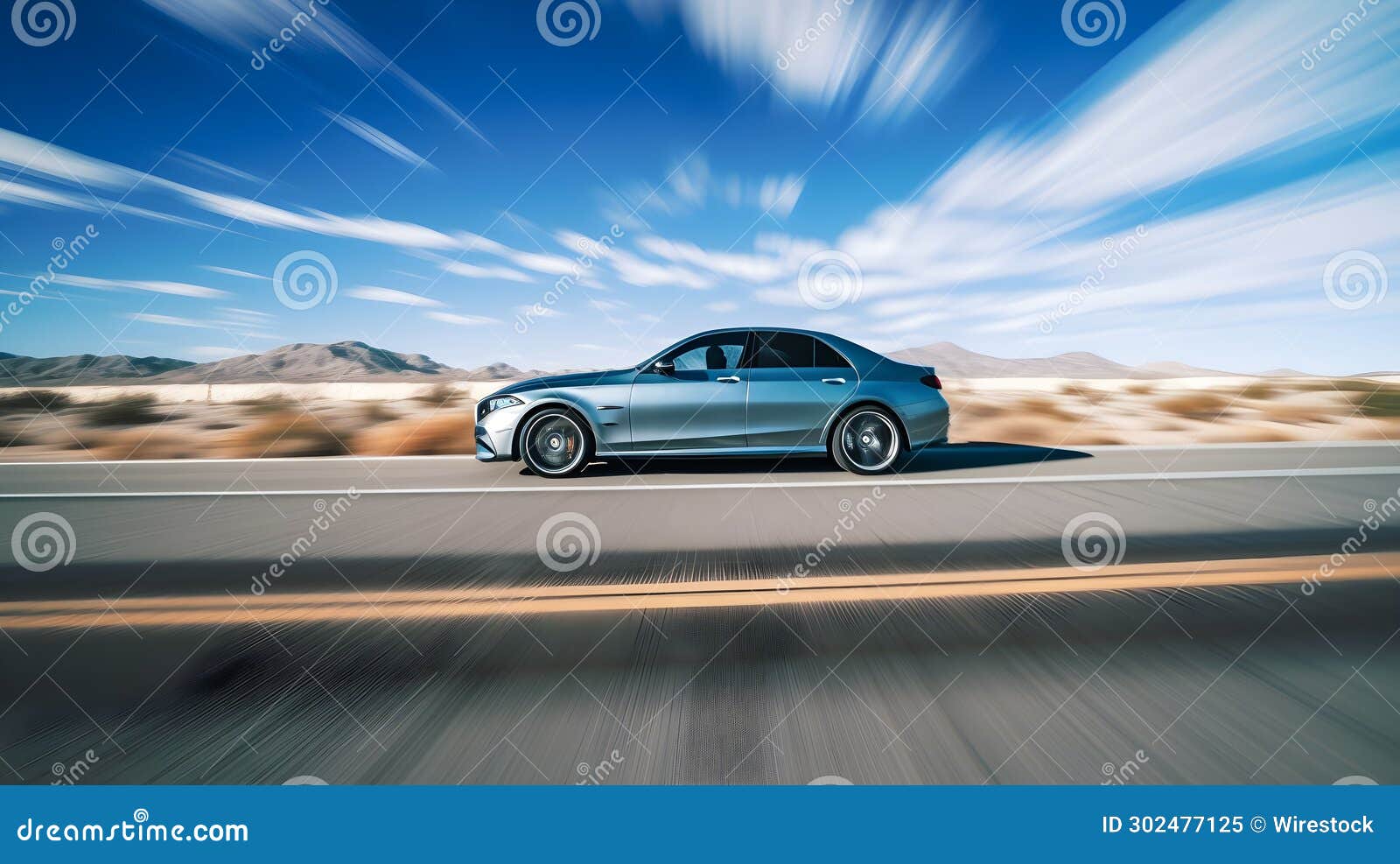 Sleek Silver Car Driving Down a Road with a Motion Blur Effect, AI ...