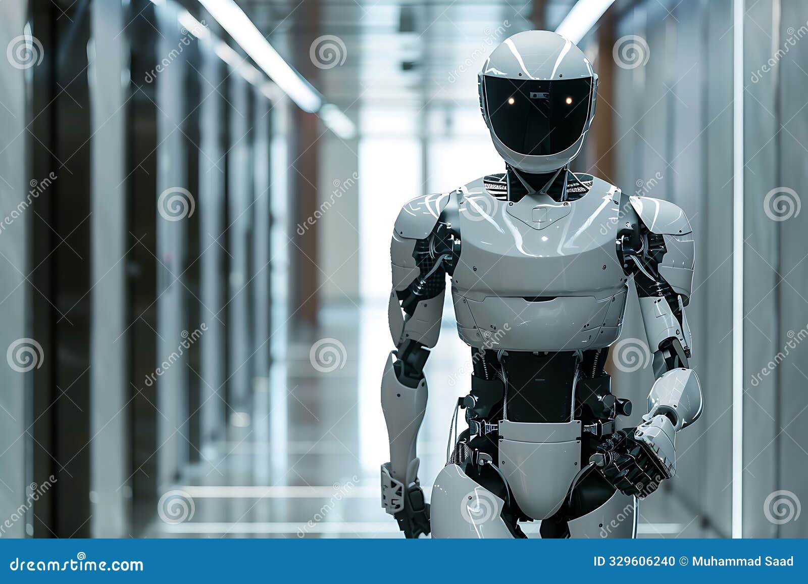A Sleek Silver Robotic Security Guard Patrolling a High-security ...