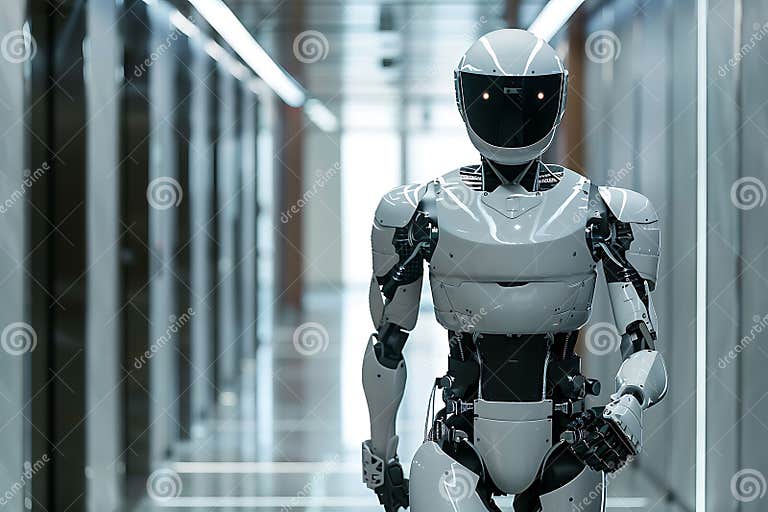 A Sleek Silver Robotic Security Guard Patrolling a High-security ...