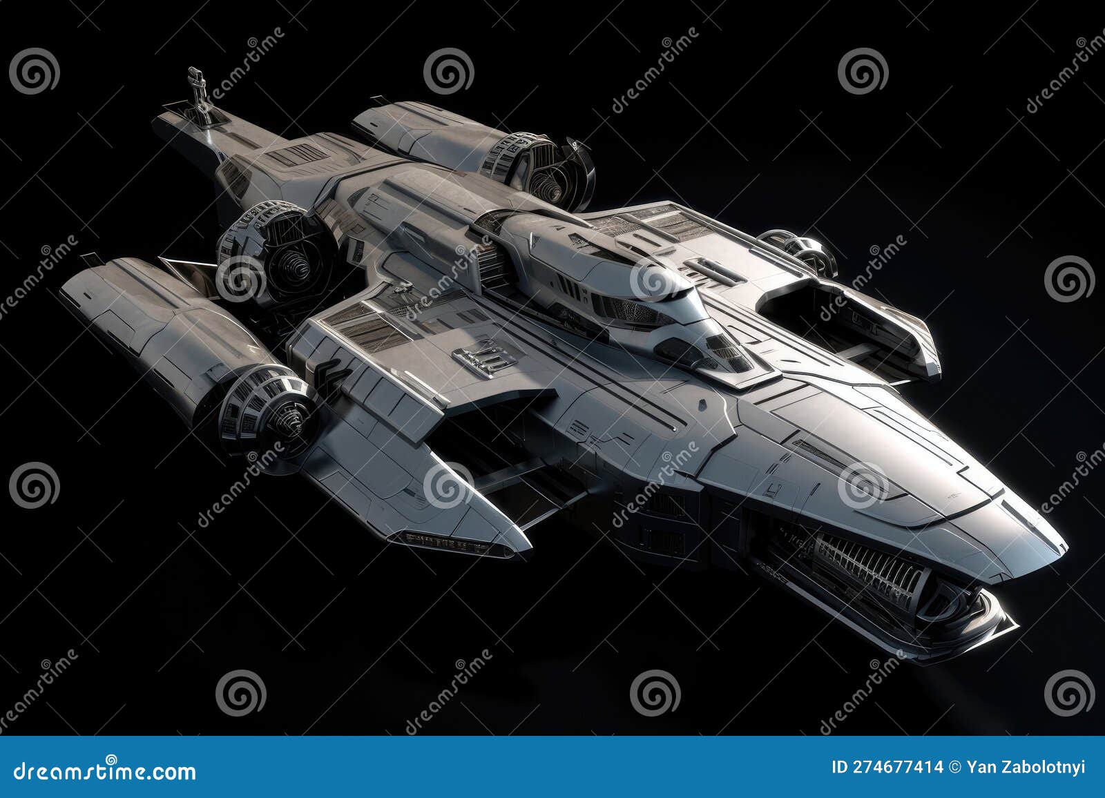 A Sleek, Silver Spaceship with Multiple Engines and Sharp Edges ...
