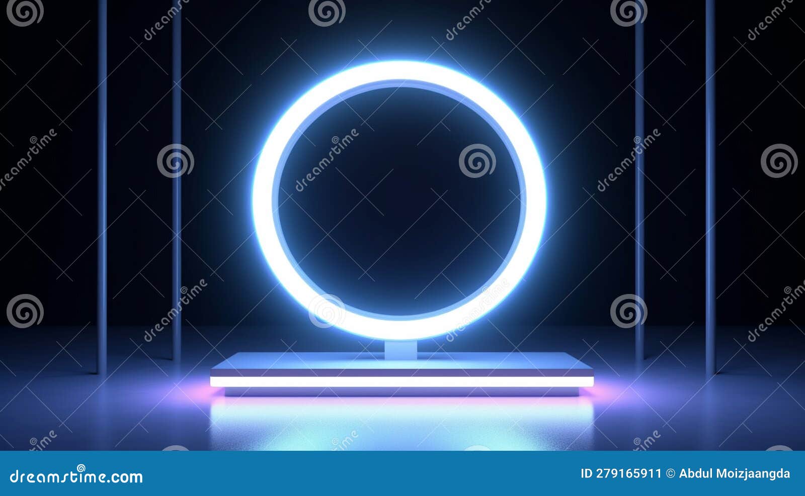 Sleek Standing White Circle Neon Light with Backdrop Stock Illustration ...