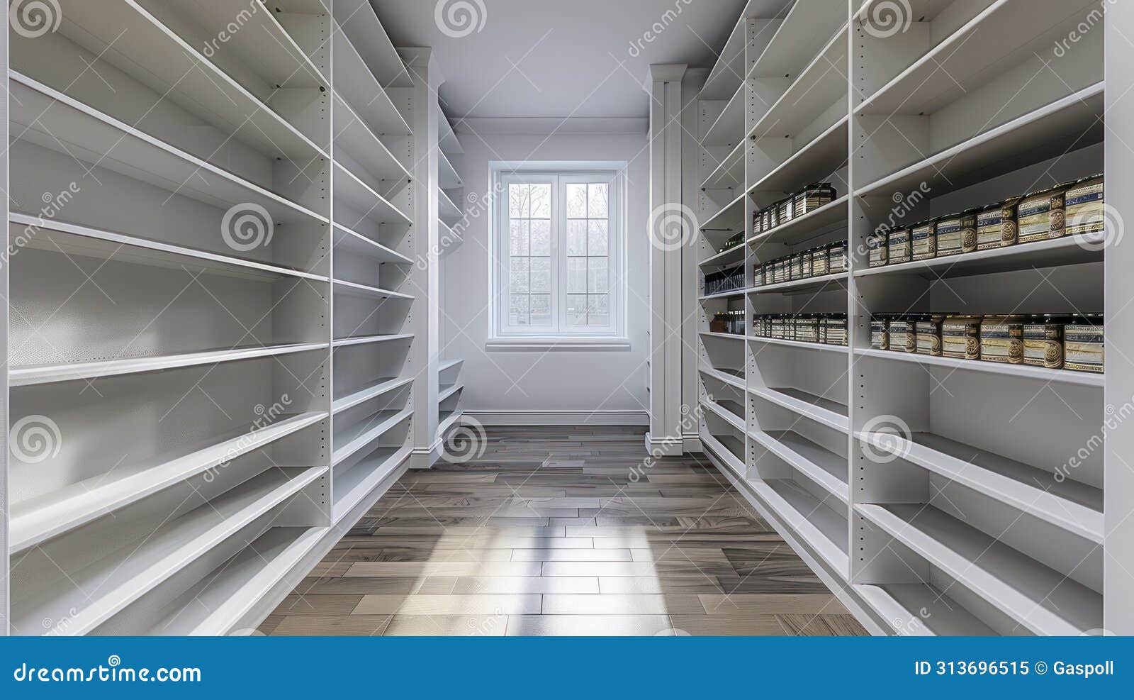 Sleek Storage - Empty Pantry Interior with White Shelves and Dark Wood ...