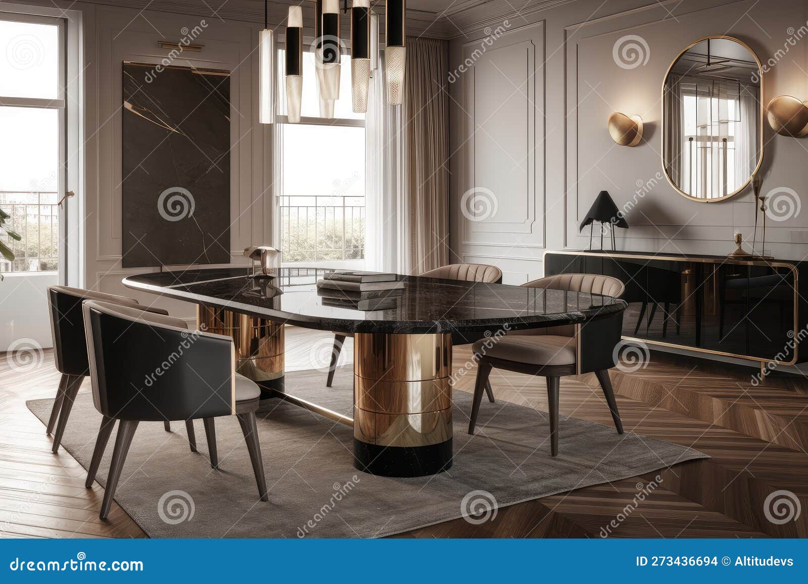 A Sleek and Streamlined Dining Table with Art Deco Design Stock ...
