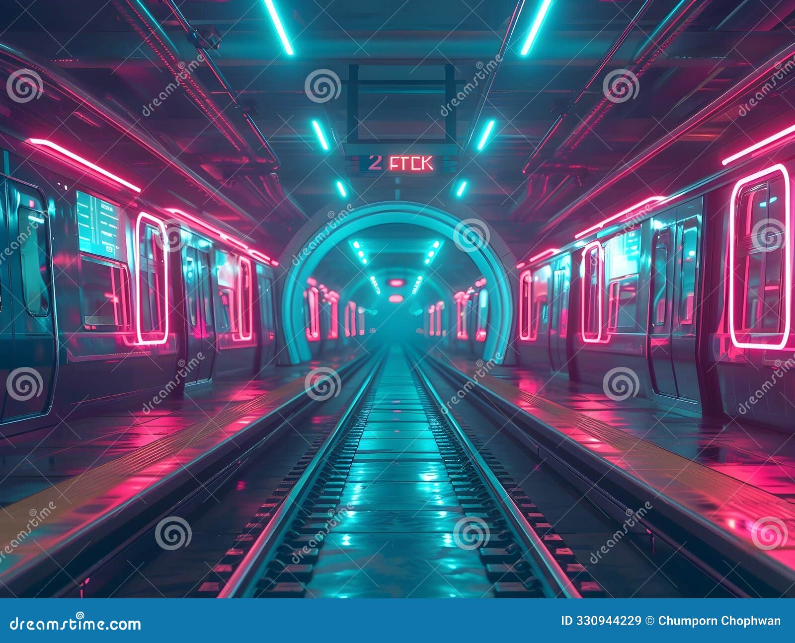 Sleek and Streamlined Futuristic Metro Station with Neon Lit Platforms ...