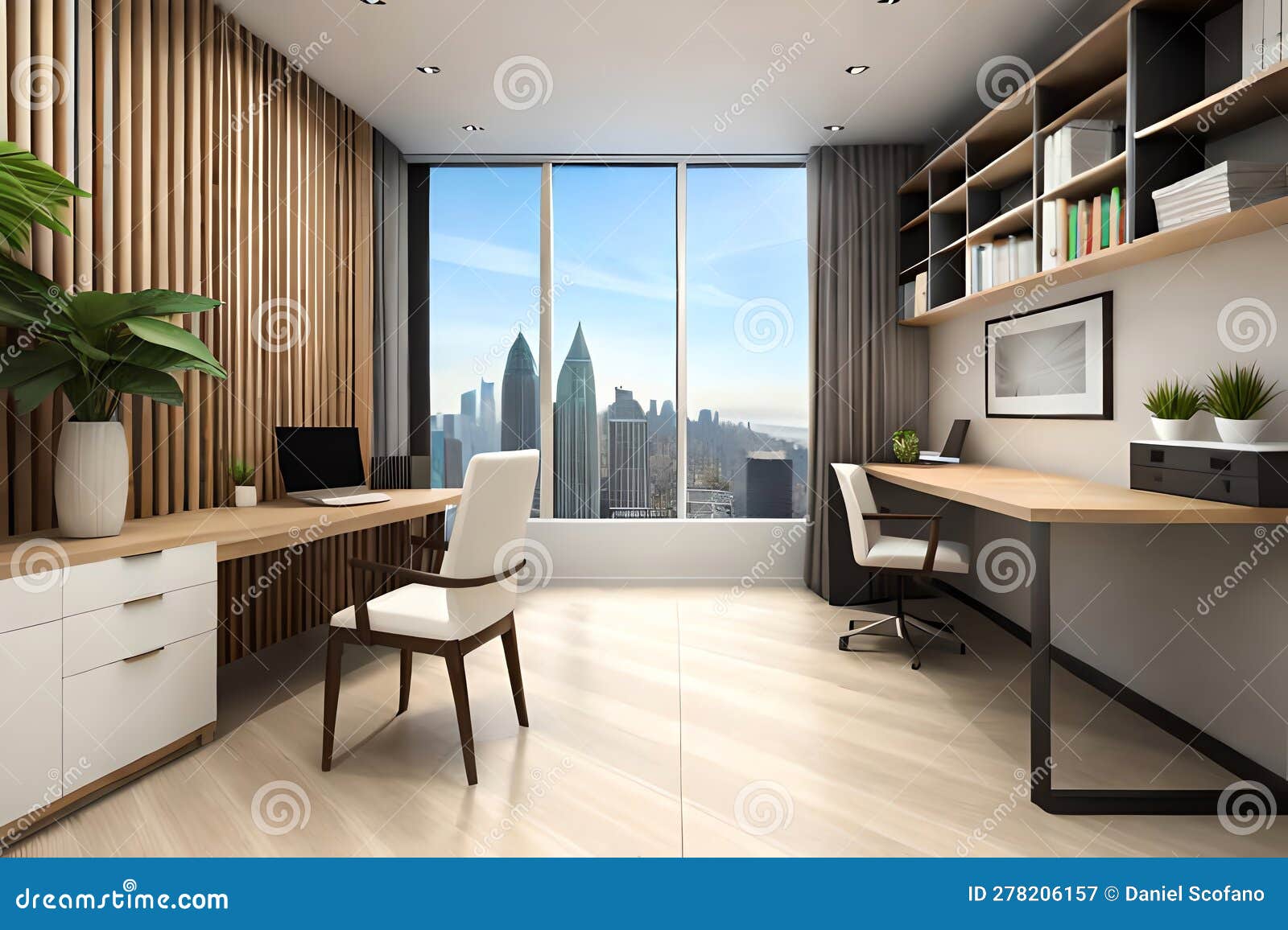 A Sleek and Stylish Modern Home Office with a Computer, Large Window ...