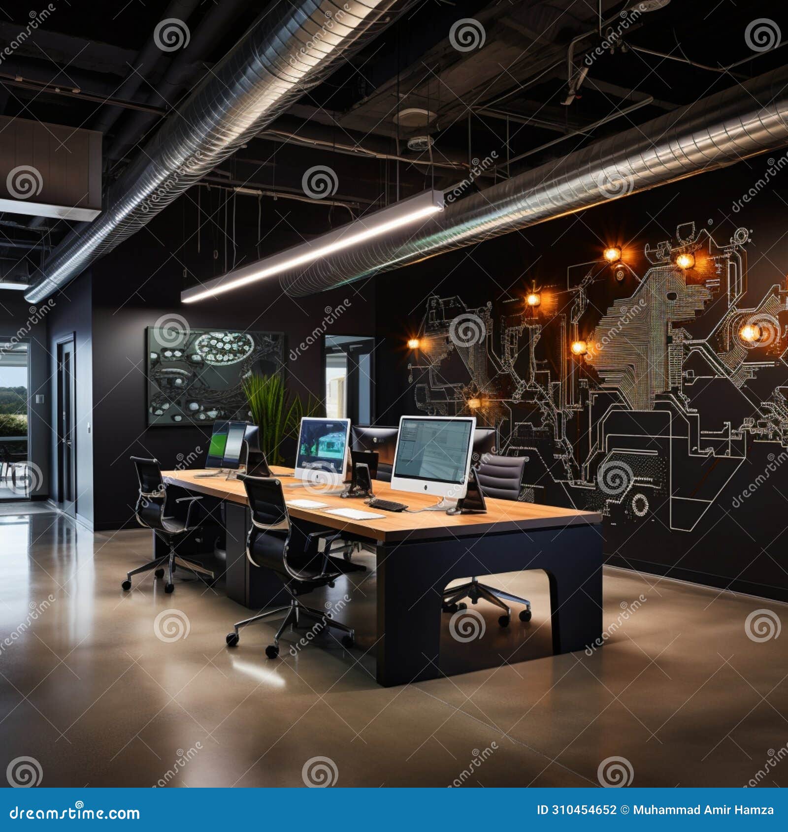 A Sleek Tech Startup Office with a 3D Circuit Board Wall Stock ...