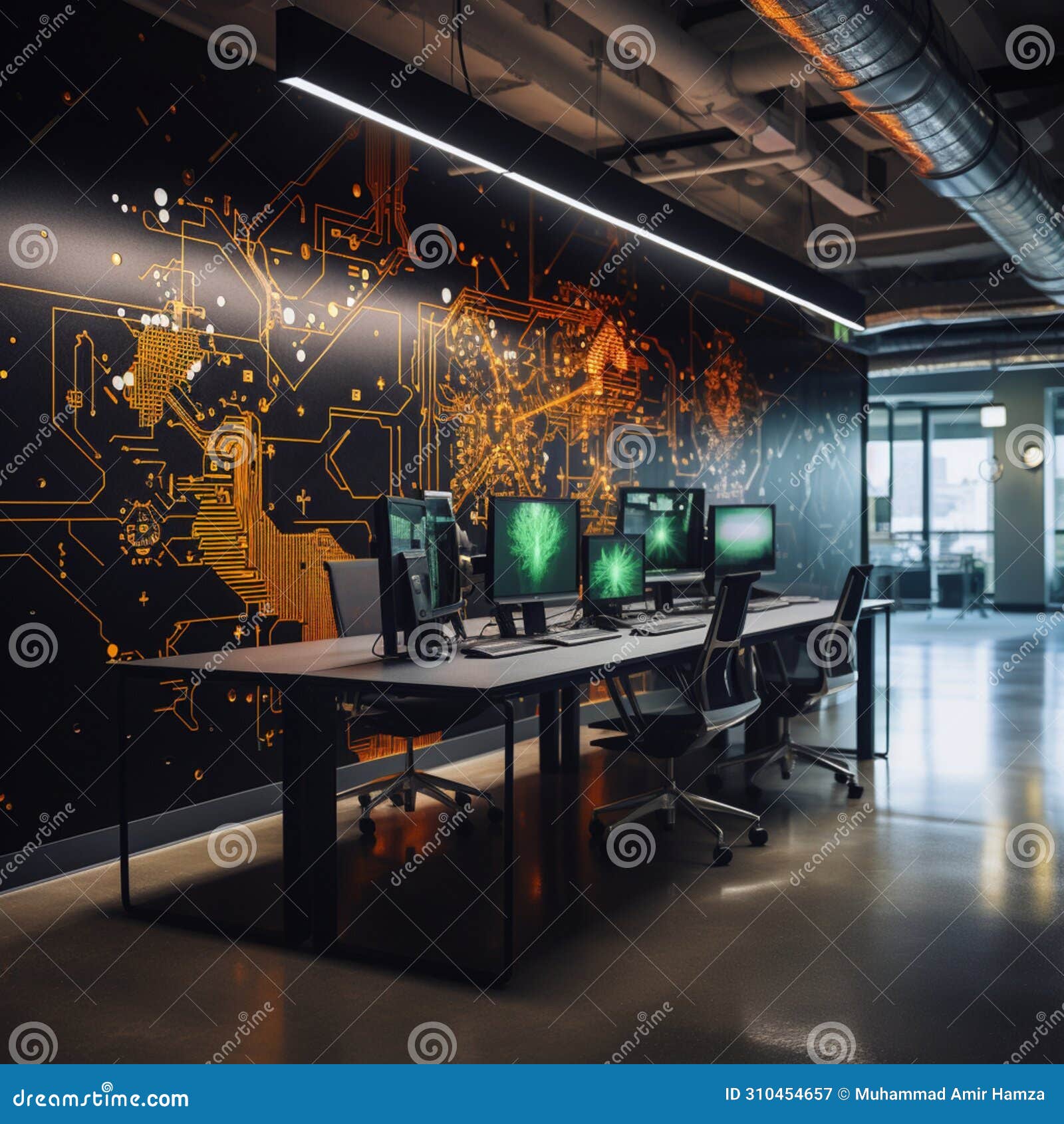 A Sleek Tech Startup Office with a 3D Circuit Board Wall Stock ...