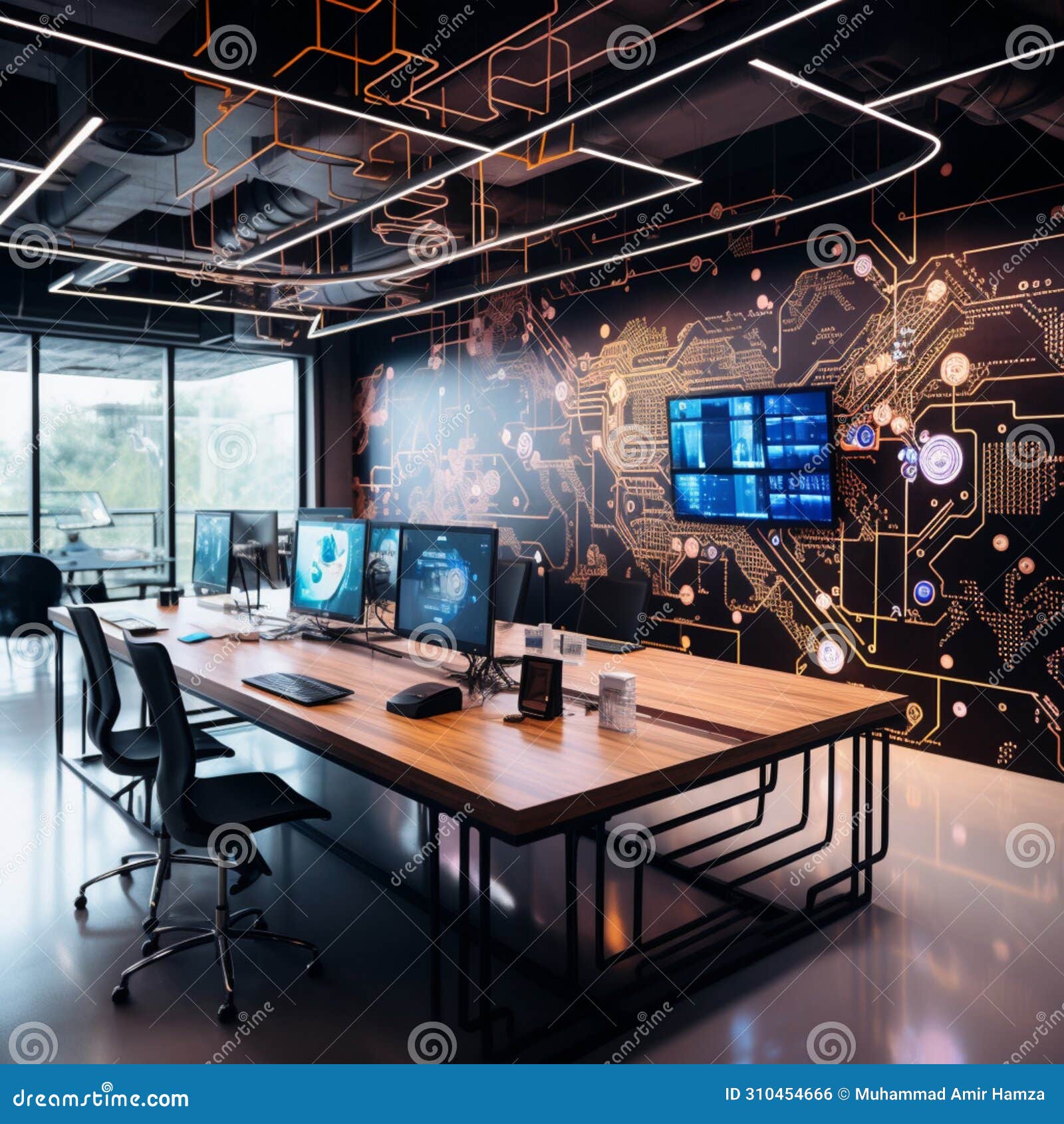 A Sleek Tech Startup Office with a 3D Circuit Board Wall Design Stock ...