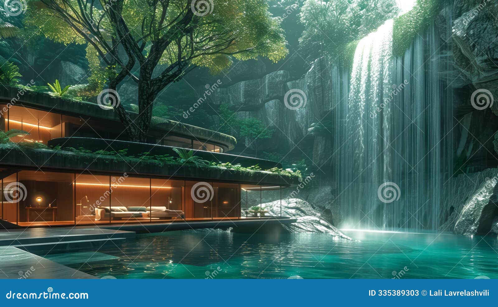 A Sleek, Transparent House Surrounded by Cascading Waterfalls Stock ...