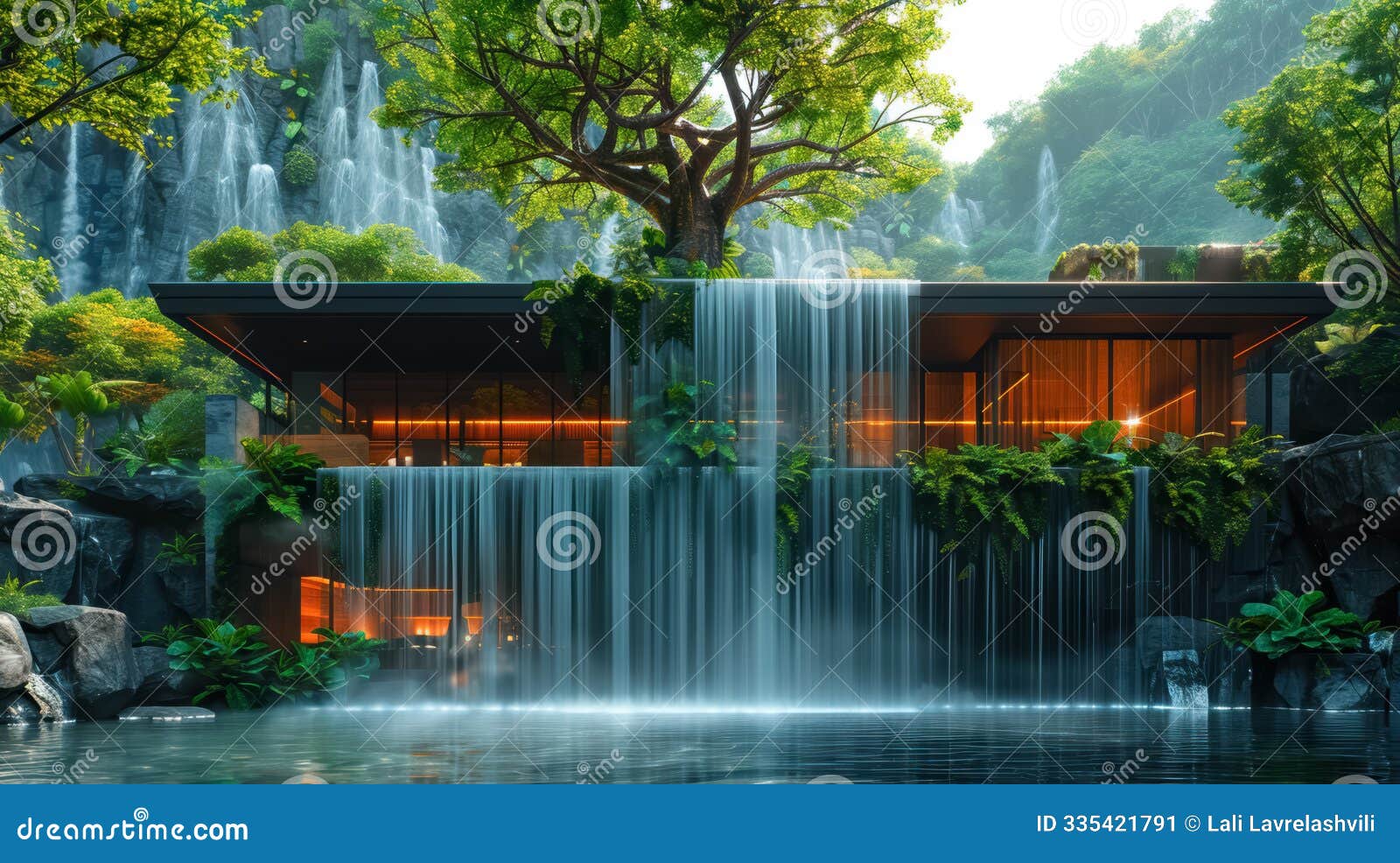 A Sleek, Transparent House Surrounded by Cascading Waterfalls Stock ...