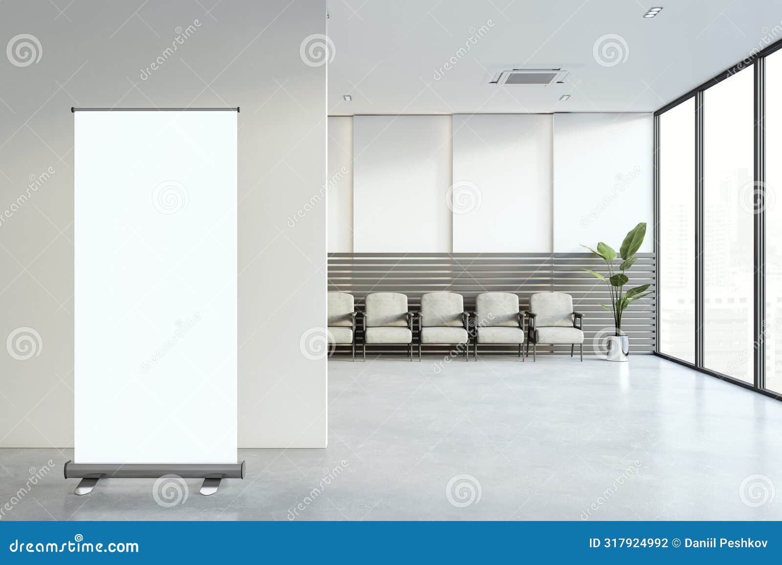 Sleek Waiting Room Design Featuring a Roll-up Banner for Customizable ...