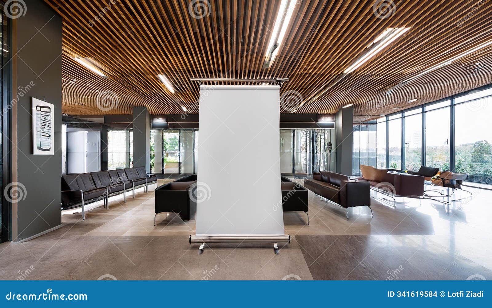 Sleek Waiting Room Design Featuring a Roll-up Banner for Customizable ...