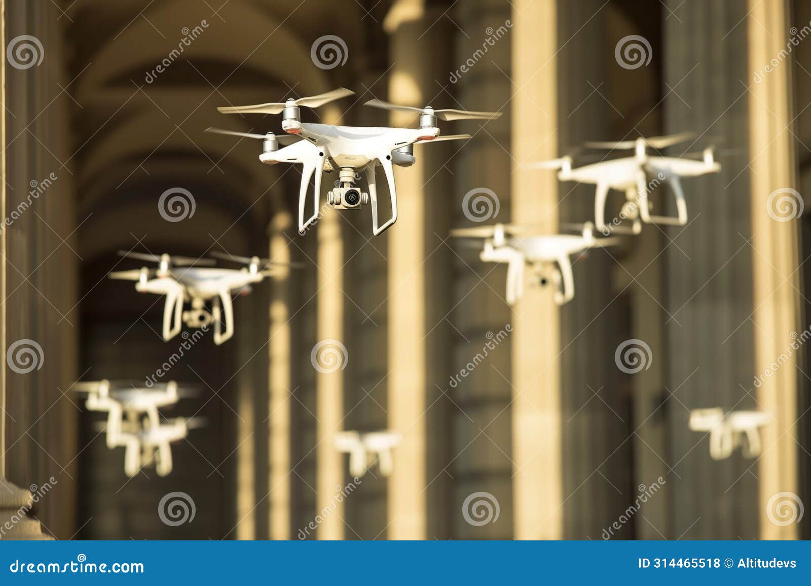 Sleek, White Drones Flying in Formation Down a Columned Hallway Stock ...