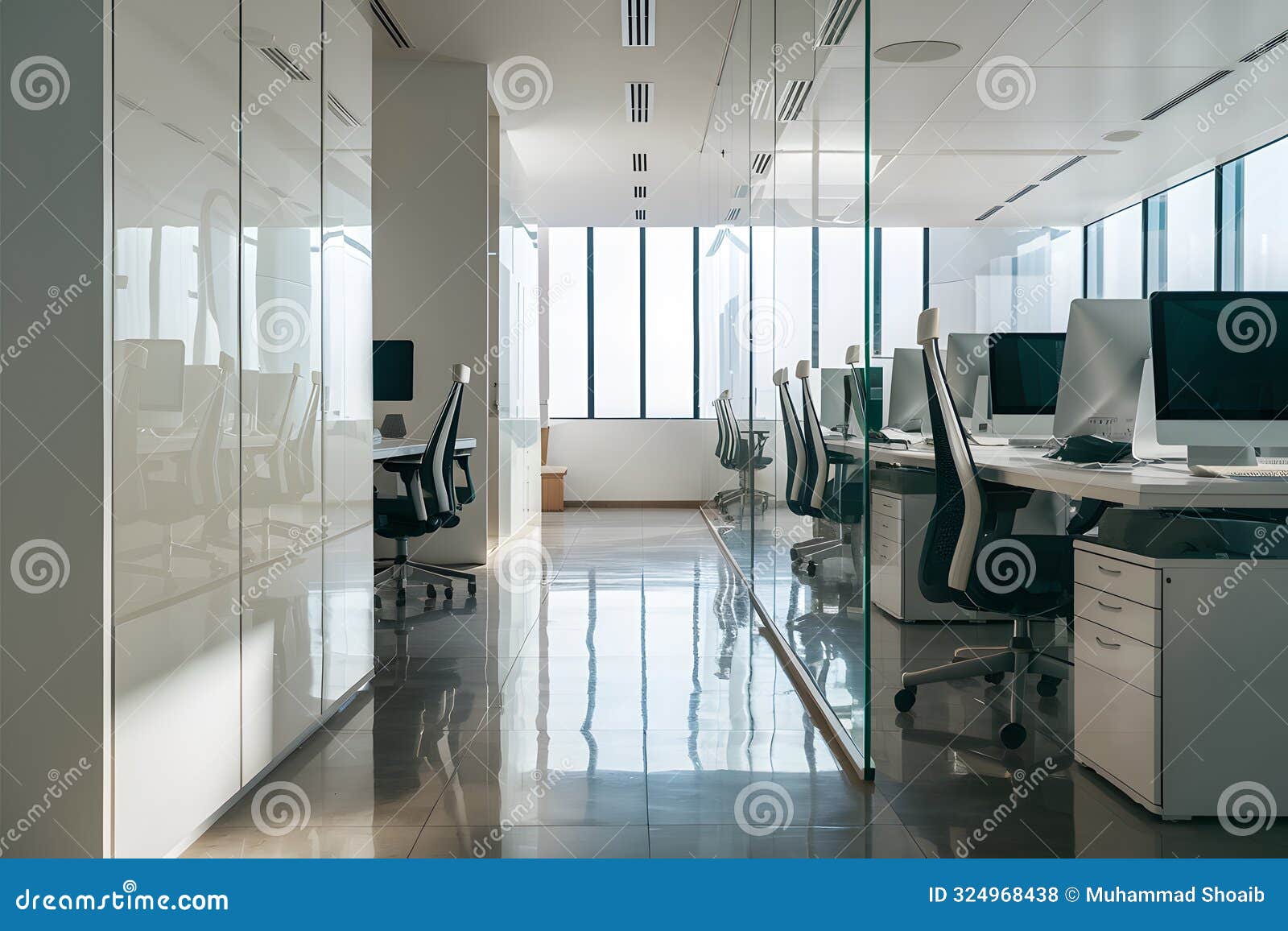 Sleek, White Modern Office Interior with Computer Stations and Large ...
