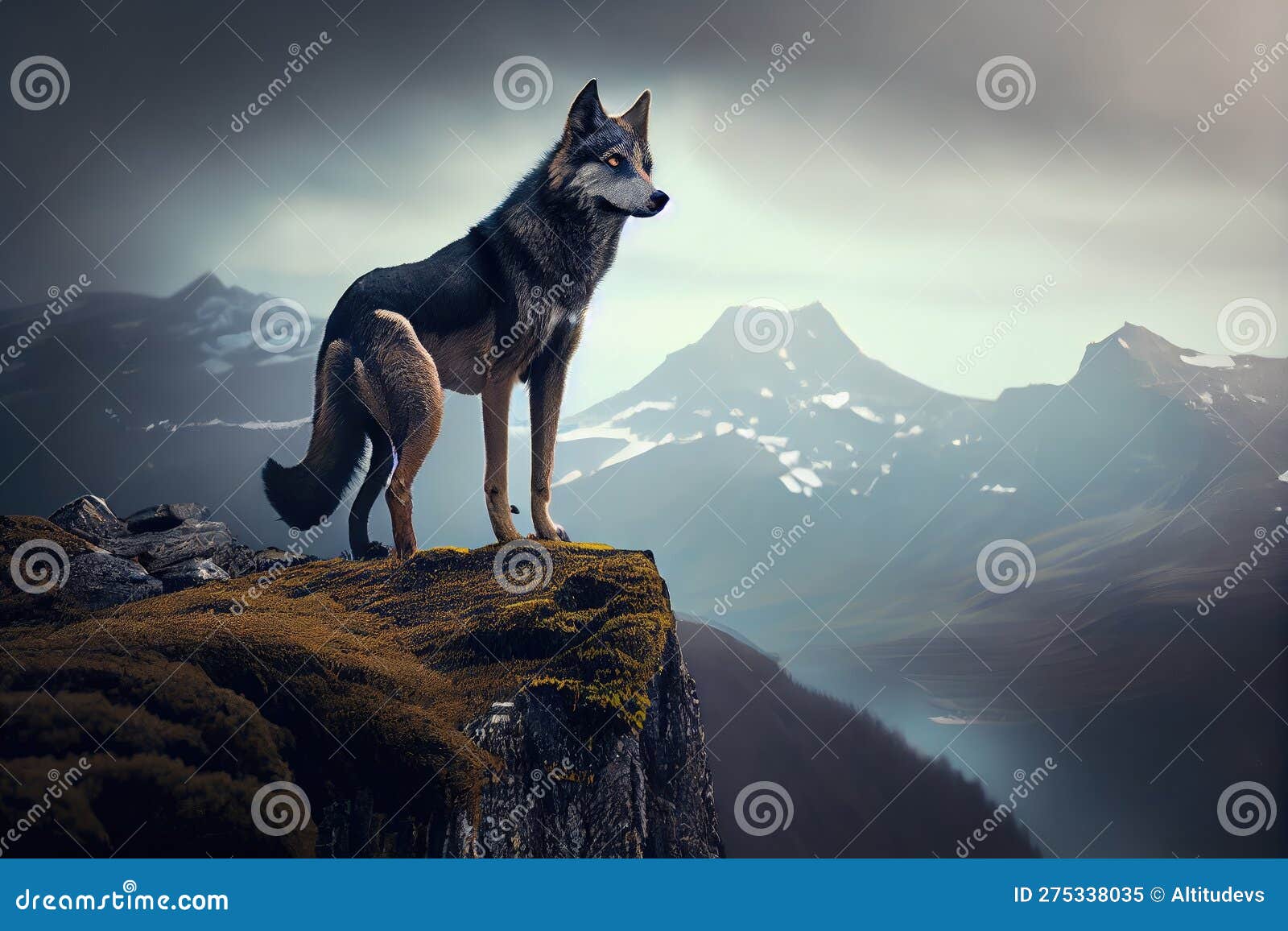 Sleek Wolf, Eyes Fixed on Distant Prey, Atop Mountain Peak Stock ...