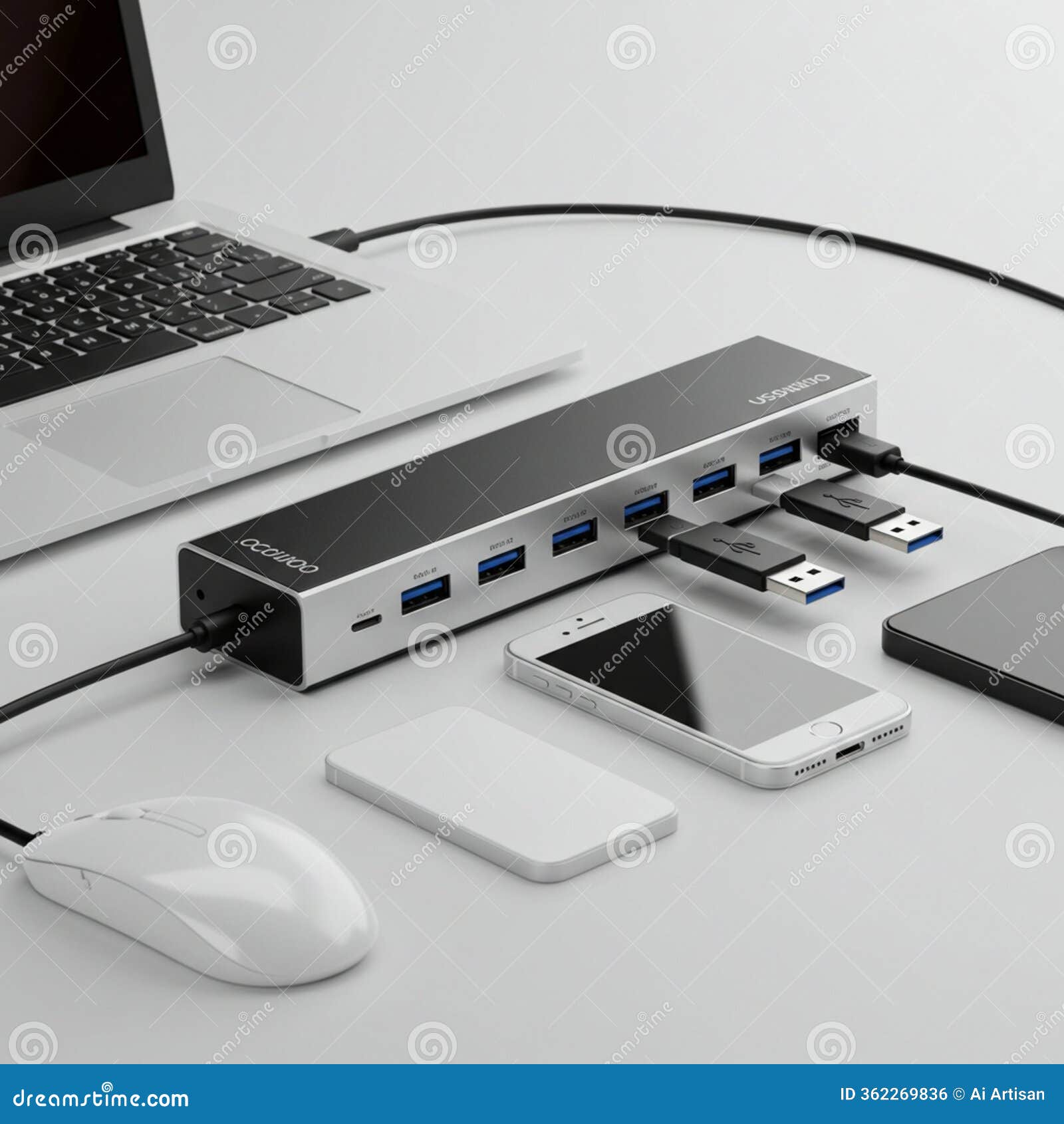 A Sleek Workstation Setup with a USB Hub. the Hub Features Multiple USB ...