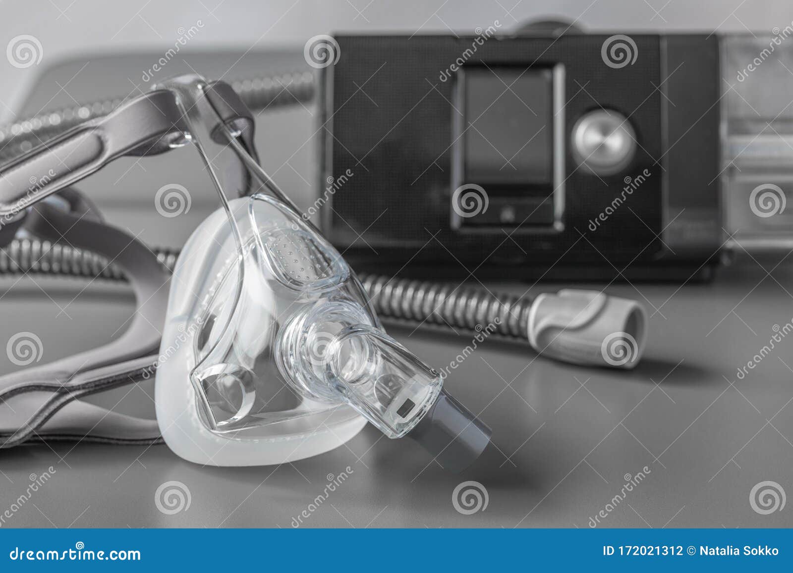 Sleep Apnea CPAP Mask on the Grey Table Stock Photo - Image of therapy ...