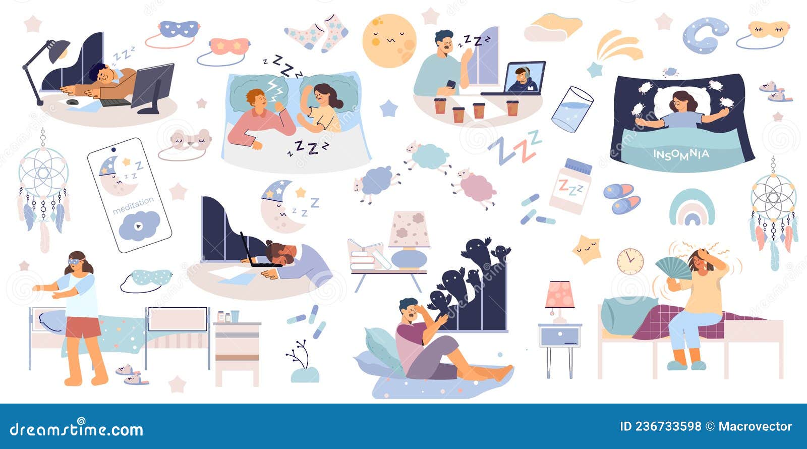 Sleep Disorder Icon Set stock vector. Illustration of relaxing - 236733598