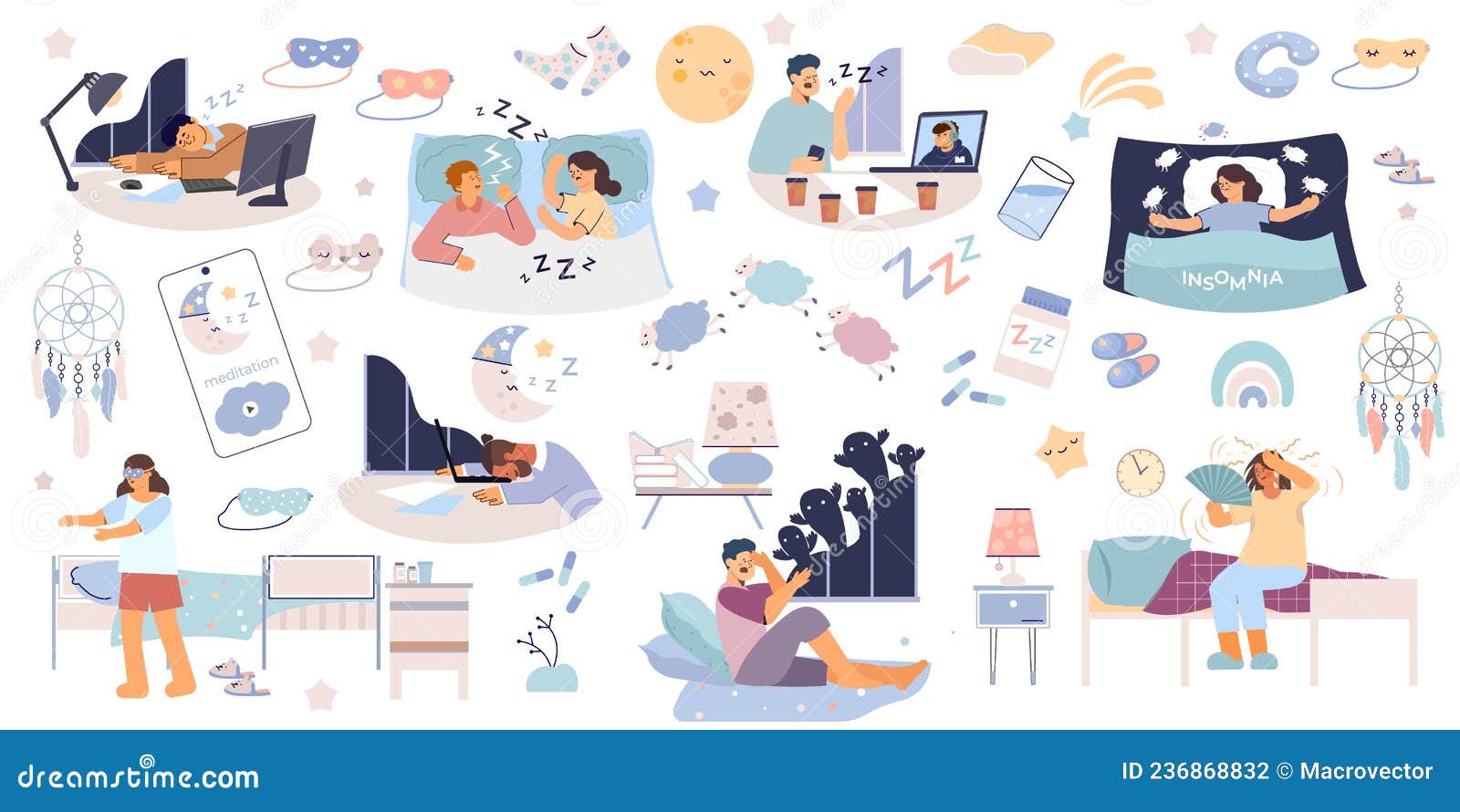 Sleep Disorder Icon Set stock illustration. Illustration of bedding ...