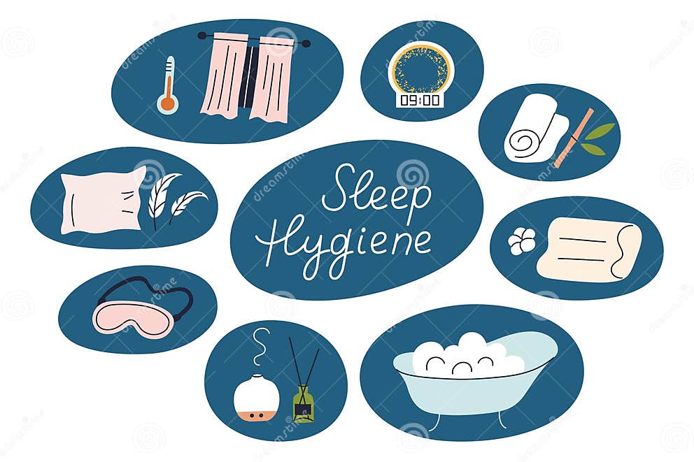 Sleep Hygiene Composition, Vector Illustrations of Bedtime Routine Tips ...